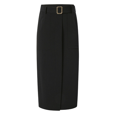 BCBG夏季时髦精致范扣饰收腰微弹百搭通勤女士开衩直筒裙半身裙