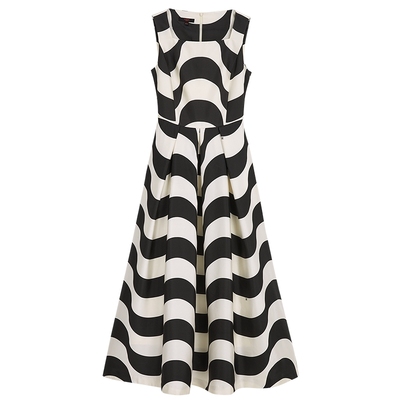 YINER音儿秋羊毛桑蚕丝方领撞色黑白波浪印花连衣裙