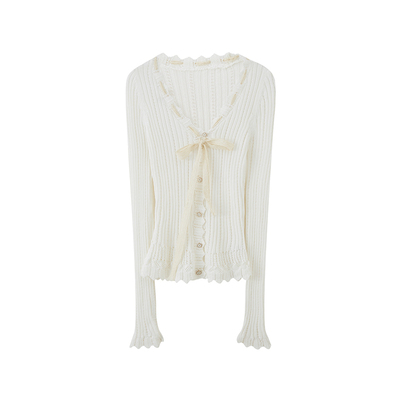 Sun雅乔 秋冬长袖修身甜美韩系设计感V领波浪花边针织开衫上衣女