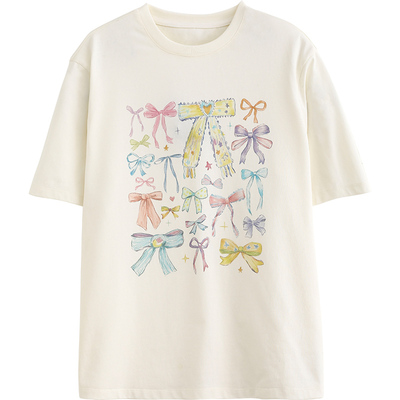 诺诺公主S1N初中生2026夏新款蝴蝶结印花T恤女青少年甜美宽松上衣