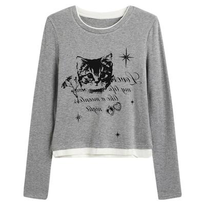 西町村屋休闲印花上衣女装2025秋季新款拼接百搭长袖T恤XAAC10327