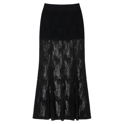 Lace patchwork with transparent split skirt 蕾丝开叉半身裙女