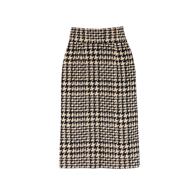 中长款直筒复古千鸟格羊毛半身裙