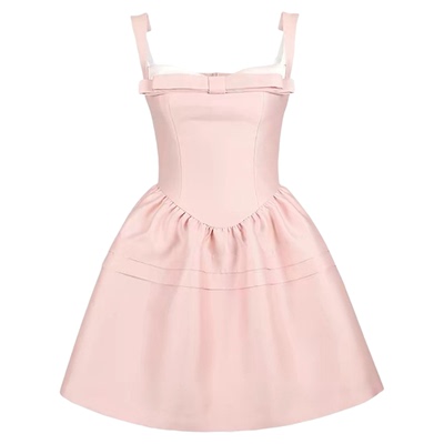 粉色蝴蝶结醋酸吊带蓬蓬礼服裙