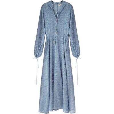 COCOBELLA名媛风提花流苏长袖连衣裙女修饰腰线大摆茶歇裙FR3025