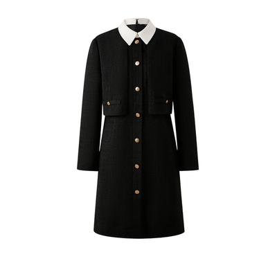 PRICH时尚绵羊毛小香风撞色翻领假两件连衣裙冬季裙子女