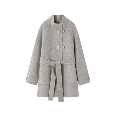 XWI欣未优雅100%羊毛立领双面呢大衣女秋冬系带收腰显瘦毛呢外套