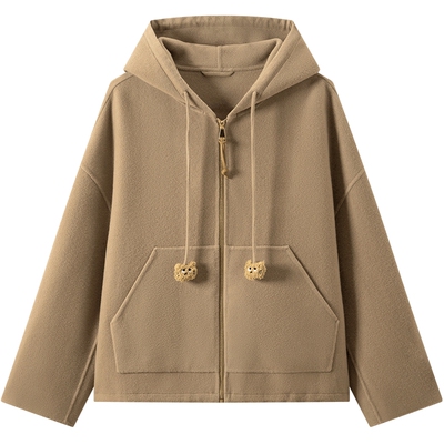 摩卡棕短款羊毛连帽毛呢外套