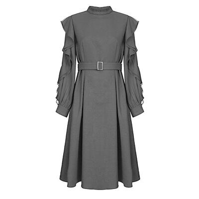 s.deer立领荷叶边网纱收腰连衣裙