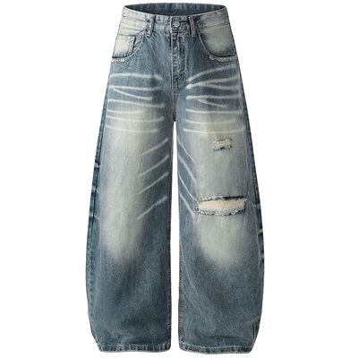 原创美式复古猫须水洗破洞牛仔裤