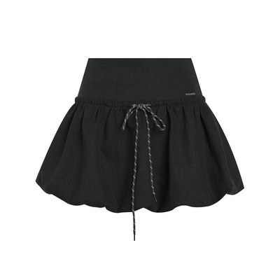 撞色抽绳花苞毛呢短半裙