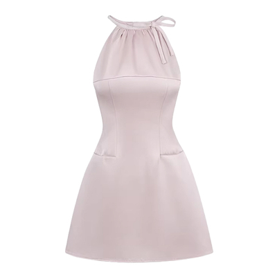 粉色缎面光泽感挂脖连衣裙