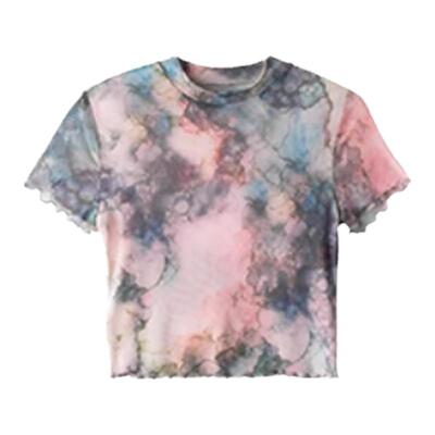 CANVAUS小高领短款国风水墨扎染短袖t恤女修身薄款网纱透视上衣夏