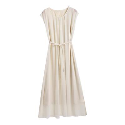 外面飘逸乔其纱内里三醋酸遮手臂大摆连衣裙女2025夏季收腰长裙