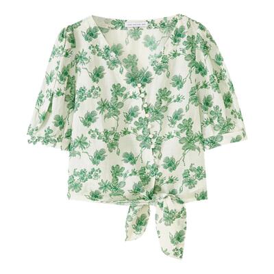 水云间绿色碎花短款上衣天丝女莱赛尔掐腰短袖夏日氛围繁花意趣风