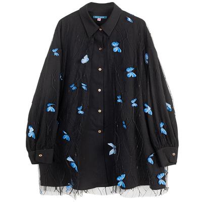 凯莉欧蕾丝拼接绣花蝴蝶长袖衬衫