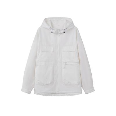USHI悠时 白色时尚抽绳连帽工装大贴袋户外休闲夹克外套男装