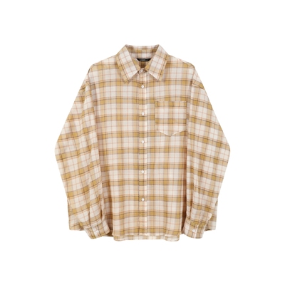 TGNS轻薄微透长袖衬衫女春季美式复古粉色格纹衬衣宽松长袖外套男