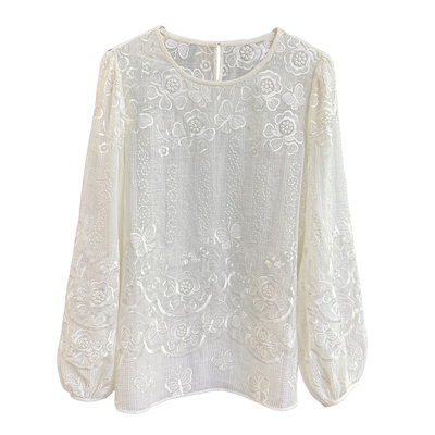 宽松重工刺绣苎麻圆领长袖上衣