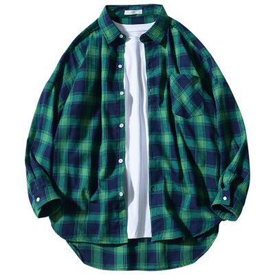 春秋日系复古绿色格子长袖衬衫