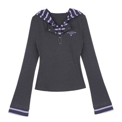 SagiDolls少女斗志#心碎小恶魔#甜酷灰紫拼接假两件长袖带帽T恤冬