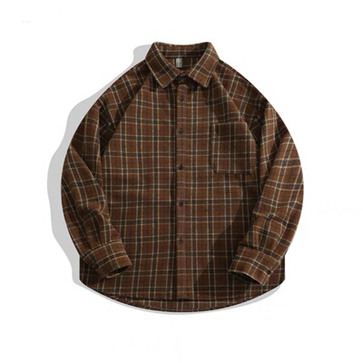 美式休闲咖色格子衬衫外套男女生学院风衬衣简约宽松复古长袖上衣