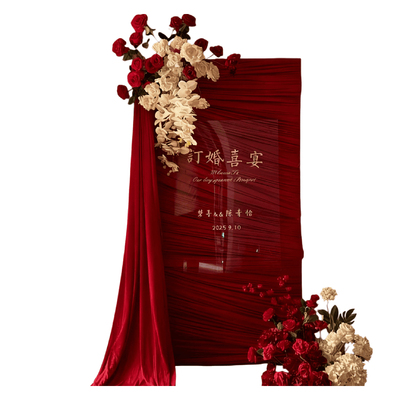 婚礼现场红色布幔效果图迎宾牌