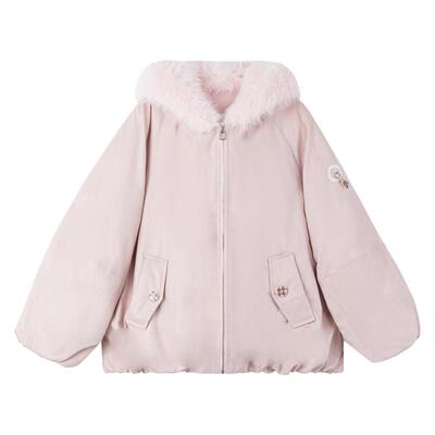 KEIKO粉色环保狐狸毛领派克棉服