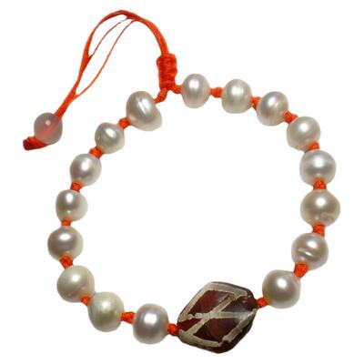 43122 千年西亚镶蚀红玉髓板珠配藏传老珠珍珠手链 古董珠宝首饰