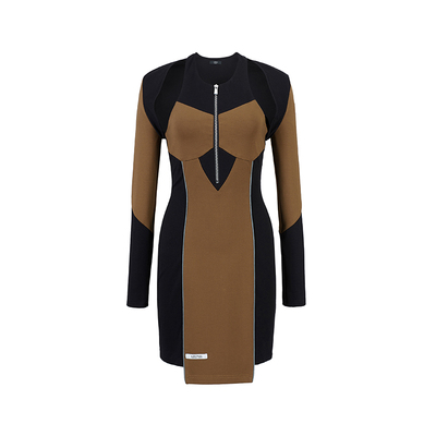 挂脖拼色不规则下摆连衣裙套装