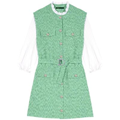 Maje绿色假两件花呢连衣裙短裙