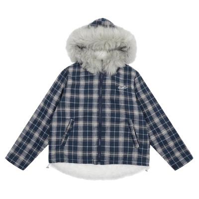 美式毛领连帽格子棉服