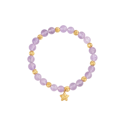 明牌珠宝古法黄金猫眼珠手串 足金紫水晶金珠锤纹星星手链AFK0438