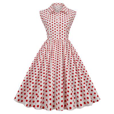 50S年代复古小众翻领无袖波点连衣裙收腰洋气减龄度假夏大摆裙子