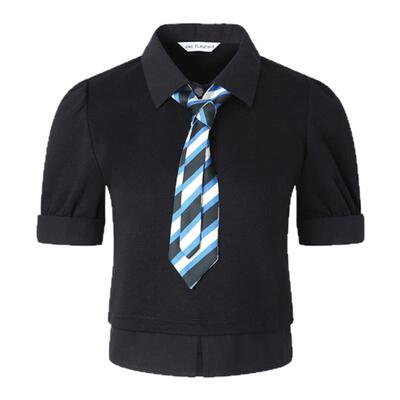 JAC FLEURANT春夏新款翻领T恤女吊带背心黑色泡泡袖领带上衣