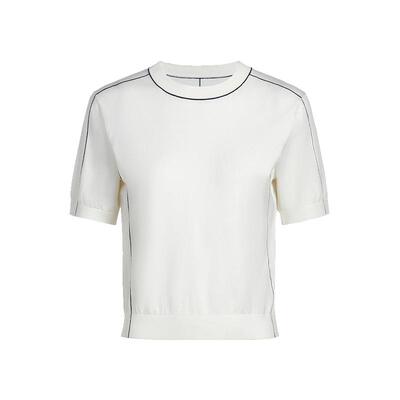 FIVE PLUS甜美风针织衫女上衣撞色设计感宽松圆领短袖套头衫