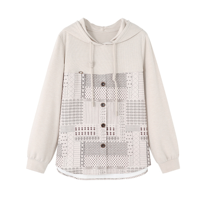 亦白磨毛几何印花拼接连帽卫衣女