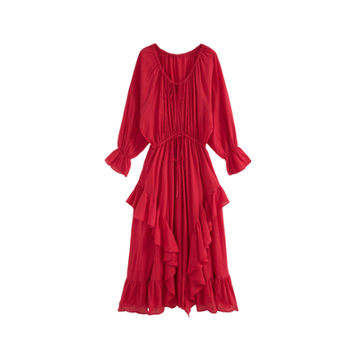 波西米亚嬉皮风荷叶红色连衣裙