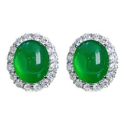 纯银绿玉髓花朵蛋形冰种光面耳钉