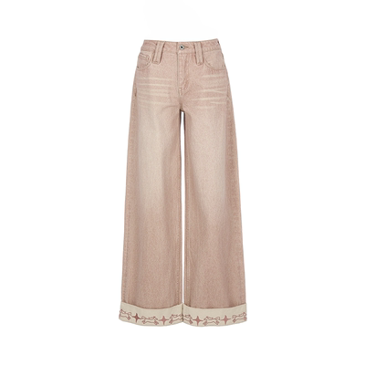 脏粉色脚口翻边刺绣牛仔裤