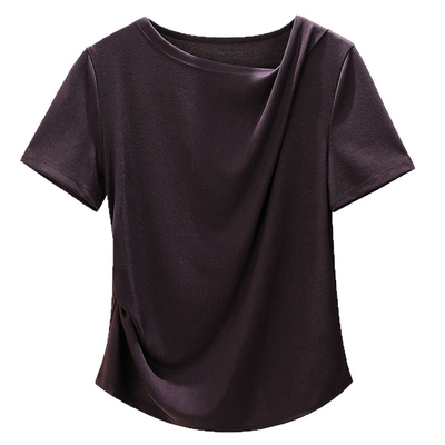 天丝短袖t恤女斜领扭结夏季收腰捏褶简约正肩设计感莱赛尔上衣潮