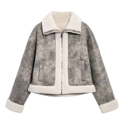 Desigual25秋冬新品廓形斑驳仿皮毛一体仿羊毛羔翻领女士外套