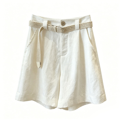白色棉麻阔腿短裤女夏季休闲高腰