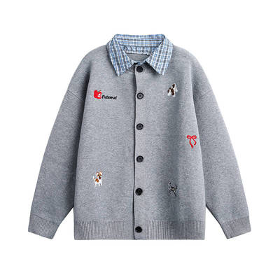 TIRED美式刺绣格子拼接开衫毛衣