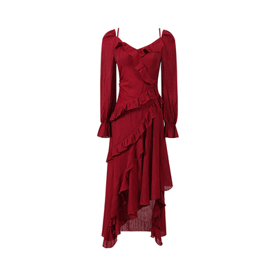 法式酒红色玫瑰轻熟风连衣裙