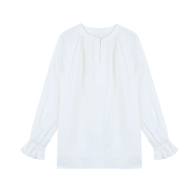 MULVAN 弗洛小镇 白色亚麻V领衬衫女宽松休闲蕾丝花边喇叭袖衫衣