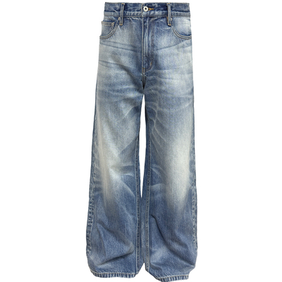 JCAESAR DENIMS灰蓝阔腿牛仔裤 利落硬挺 猫须纹理 宽松直筒长裤