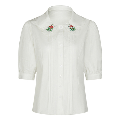 双层领绣花五分袖棉布白衬衫