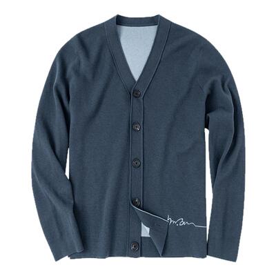 MrBu布先生双面异色字母提花开衫秋冬羊毛开衫保暖毛衣男BT15382