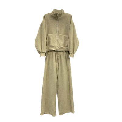 立领拉链卫衣加绒阔腿裤两件套女